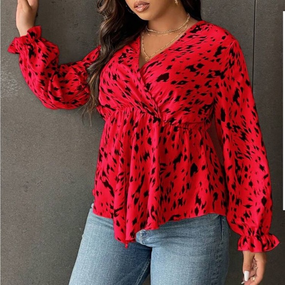 Tops | Plus Size Boho Red Leopard Print Surplice Peplum Top | Poshmark